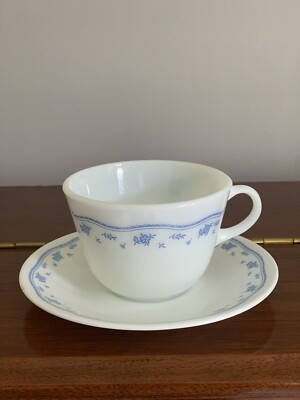 Vintage Pyrex Morning Blue Milk Glass tea Coffee Cup & Saucer Blue Corn ...