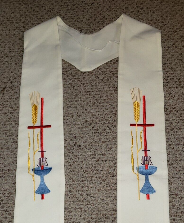 CLERGY STOLE OFFICIANT VESTMENT CREAMY WHITE W/EUCHARIST SYMBOLISM JHS ...