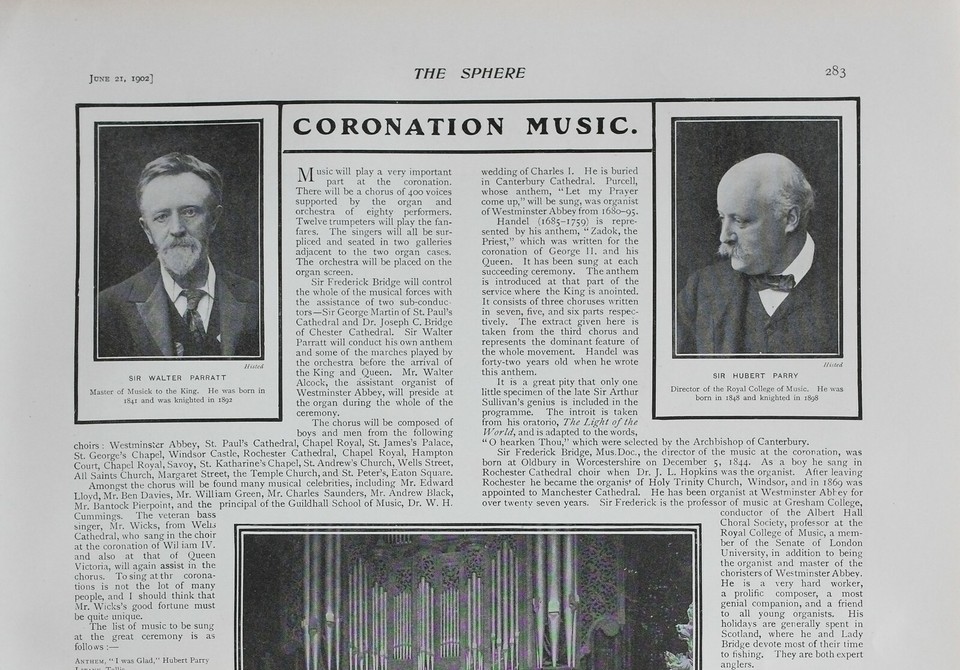 1902 PRINT CORONATION MUSIC SIR WALTER PARRATT HUBERT PARRY ABBEY ...