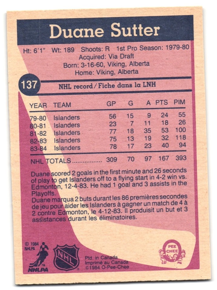 Duane Sutter 1984-85 O-Pee-Chee NHL Card #137 | eBay