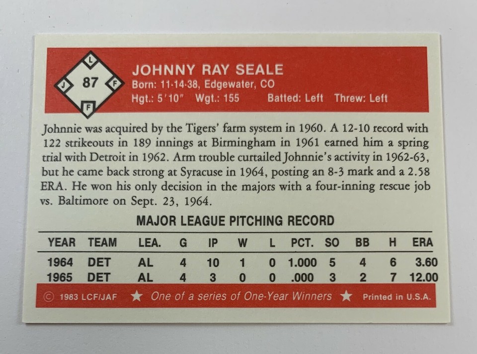 Fritsch One Year Winners Baseball Singles: #87 Johnnie Seale | eBay