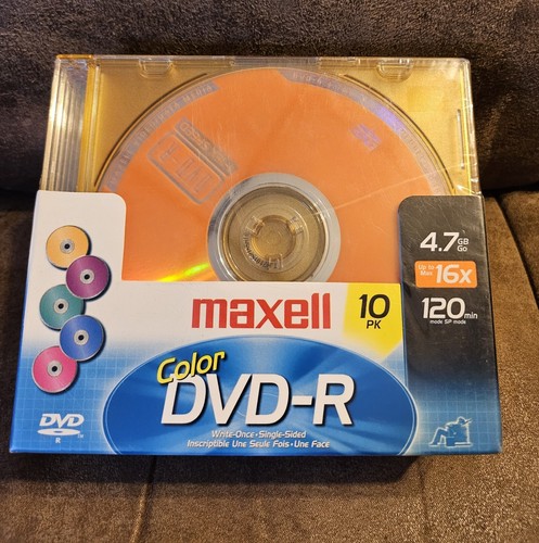 FACTORY SEALED Maxell Color DVD-R 10 Pack w/ Jewel Cases 4.7GB 120Min ...