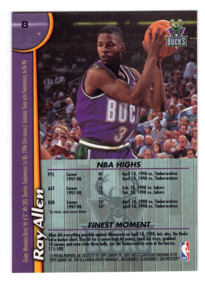 1998-99 TOPPS FINEST RAY ALLEN CARD #8 **NM-MT** MILWAUKEE BUCKS | eBay UK
