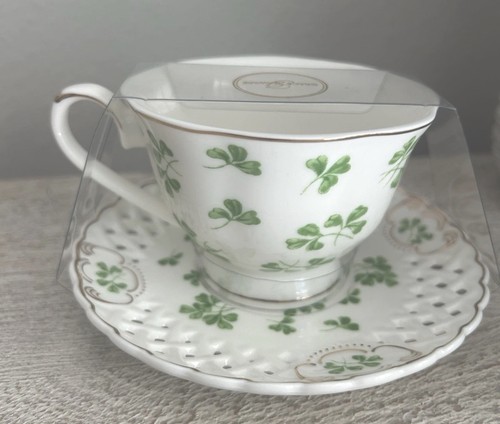 Grace Teaware Irish Shamrock Porcelain Tea Cup & Pierced Saucer Set 7 ...
