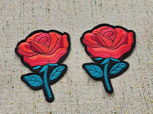 Red Rose Blue Leaf patches for Clothes Jacket Embroidery Iron On ...