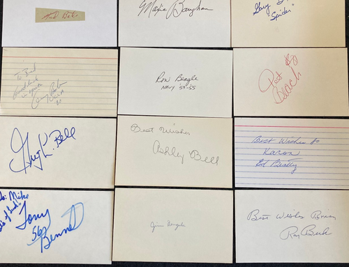 Large group of autod 3x5 index cards from NFL stars/near stars-Baughan ...