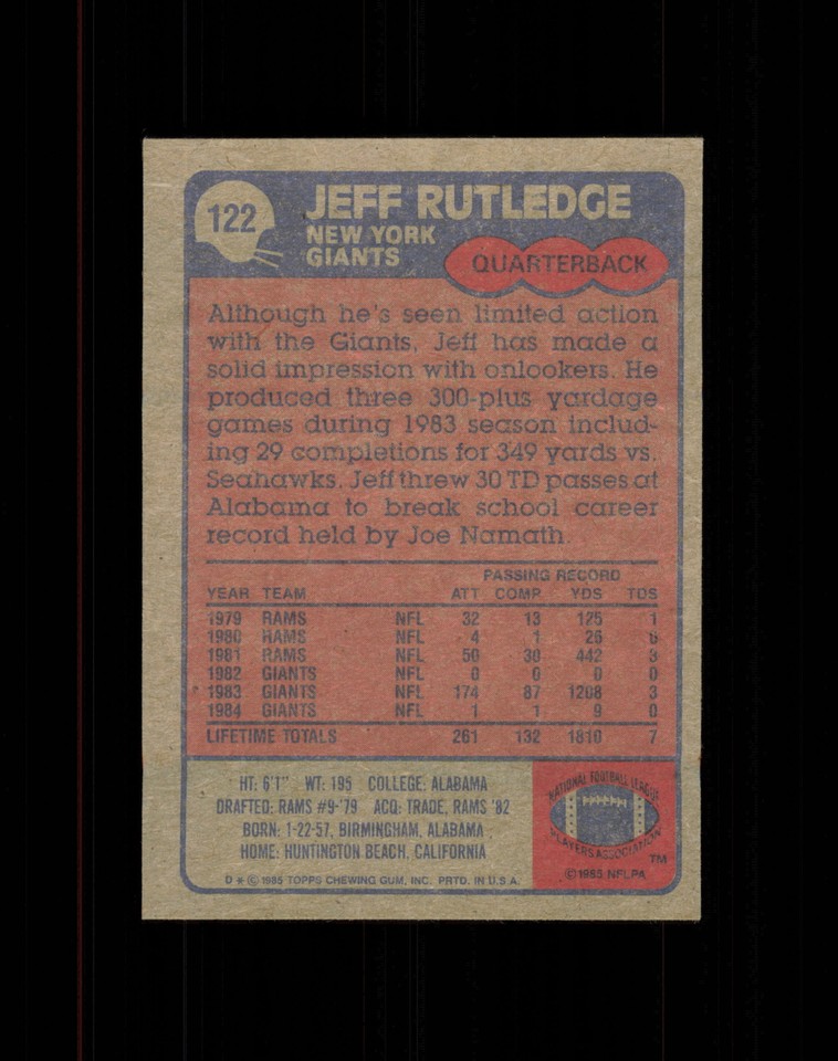 1985 Topps Football #122 Jeff Rutledge RC New York Giants | eBay