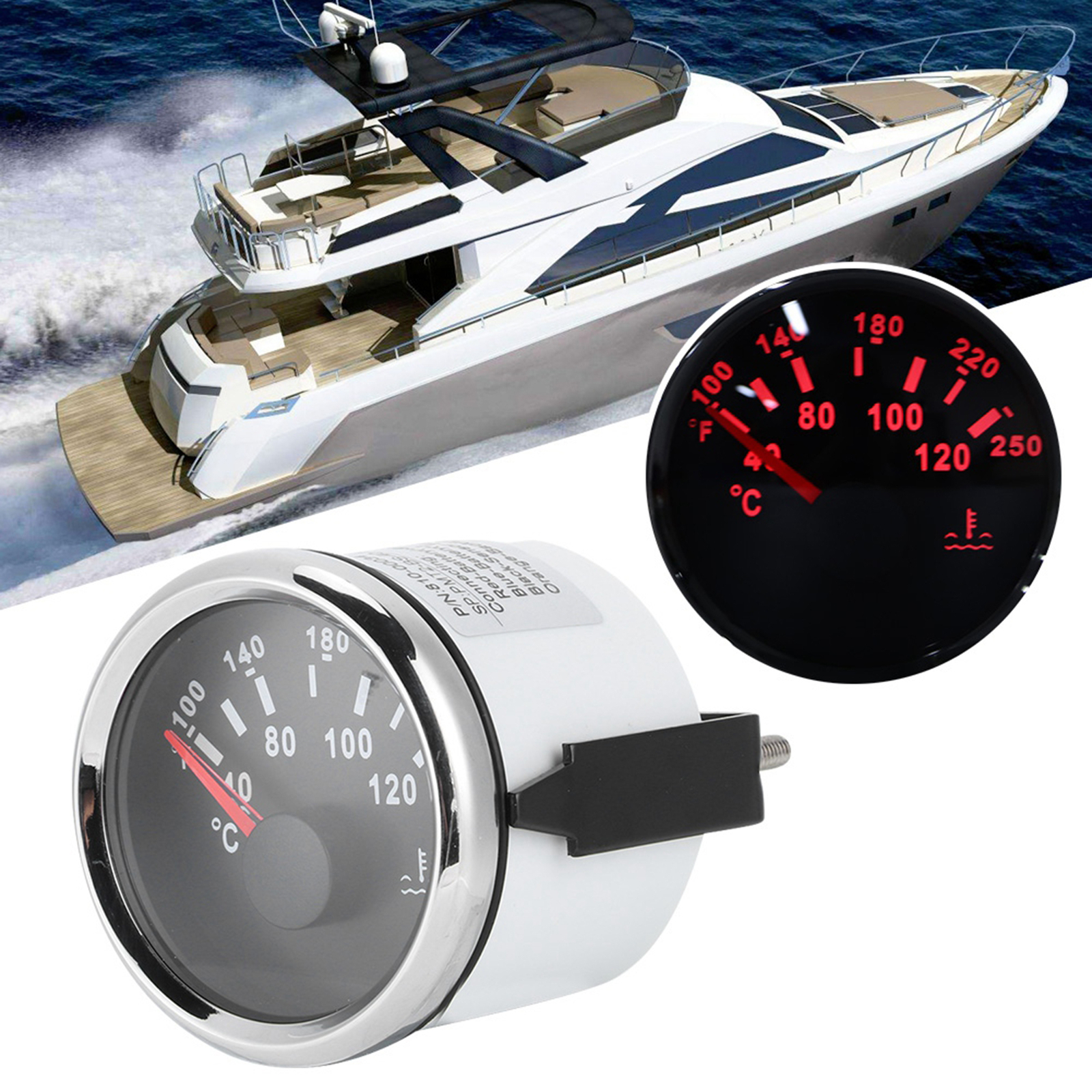 Black Dial 52mm/2in Marine Engine Water Temperature Gauge 40-120 ℃ Temp ...