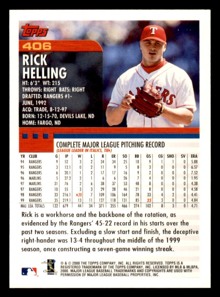 2000 Topps #406 Rick Helling Texas Rangers | eBay