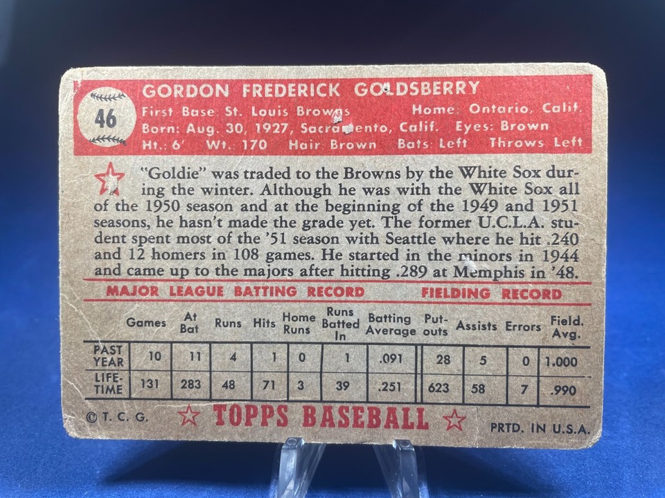 1952 Topps Baseball Low Grade Card Gordon Goldsberry #46 St. Louis ...