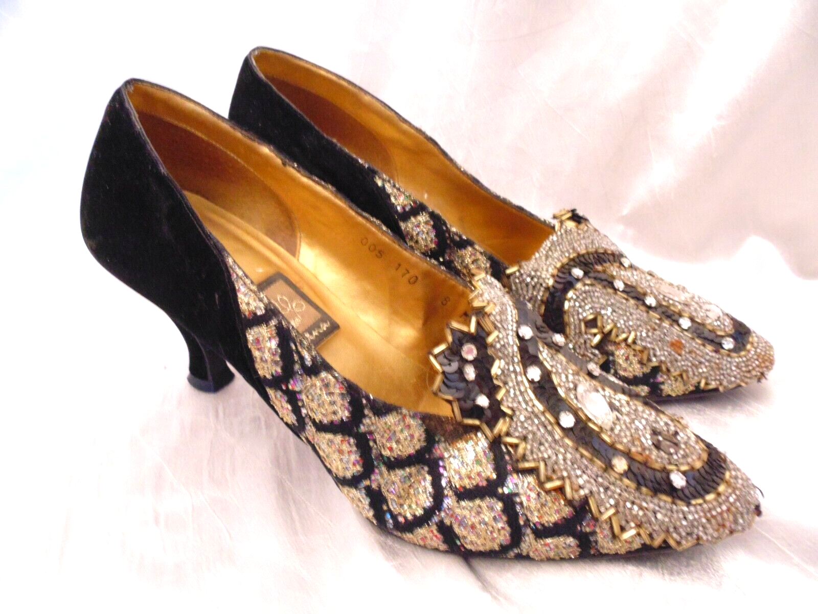 Vtg Nina Ricci Heels Black Velvet Jeweled Leather Edwardian Style Pumps ...