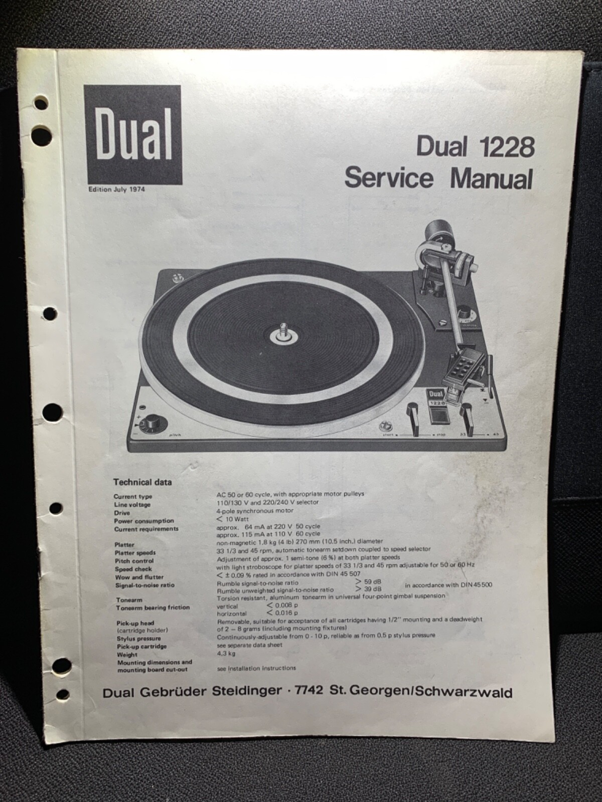 Dual 1228 Turntable Service Manual Record changer Pioneer Thorens ...