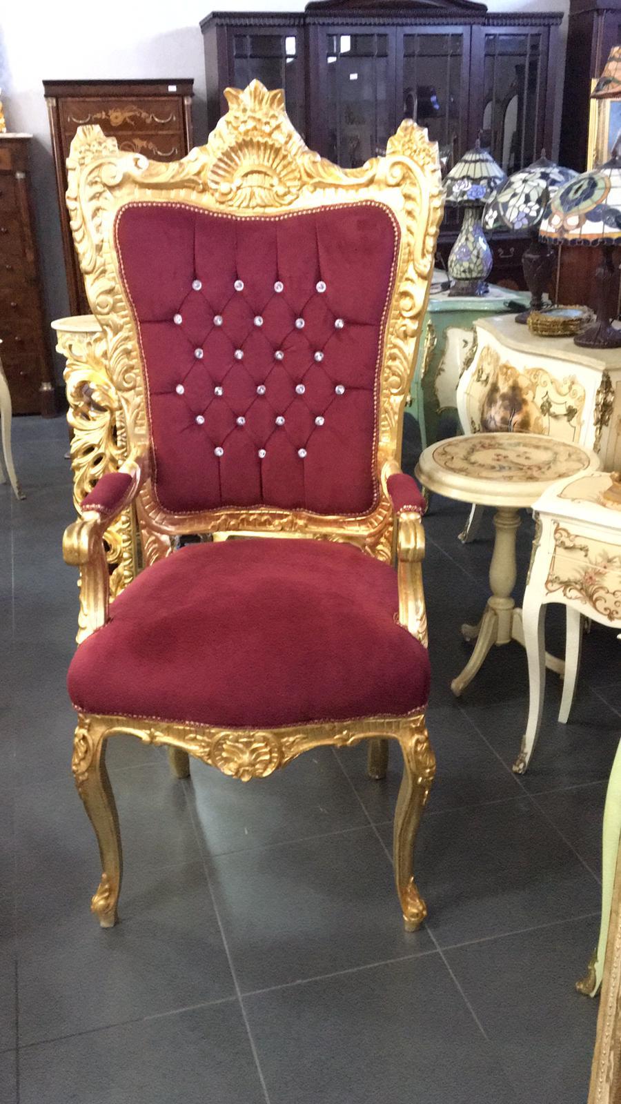 TRONO POLTRONA REALE IN LEGNO BAROCCO FOGLIA ORO CON TESSUTO ROSSO E ...