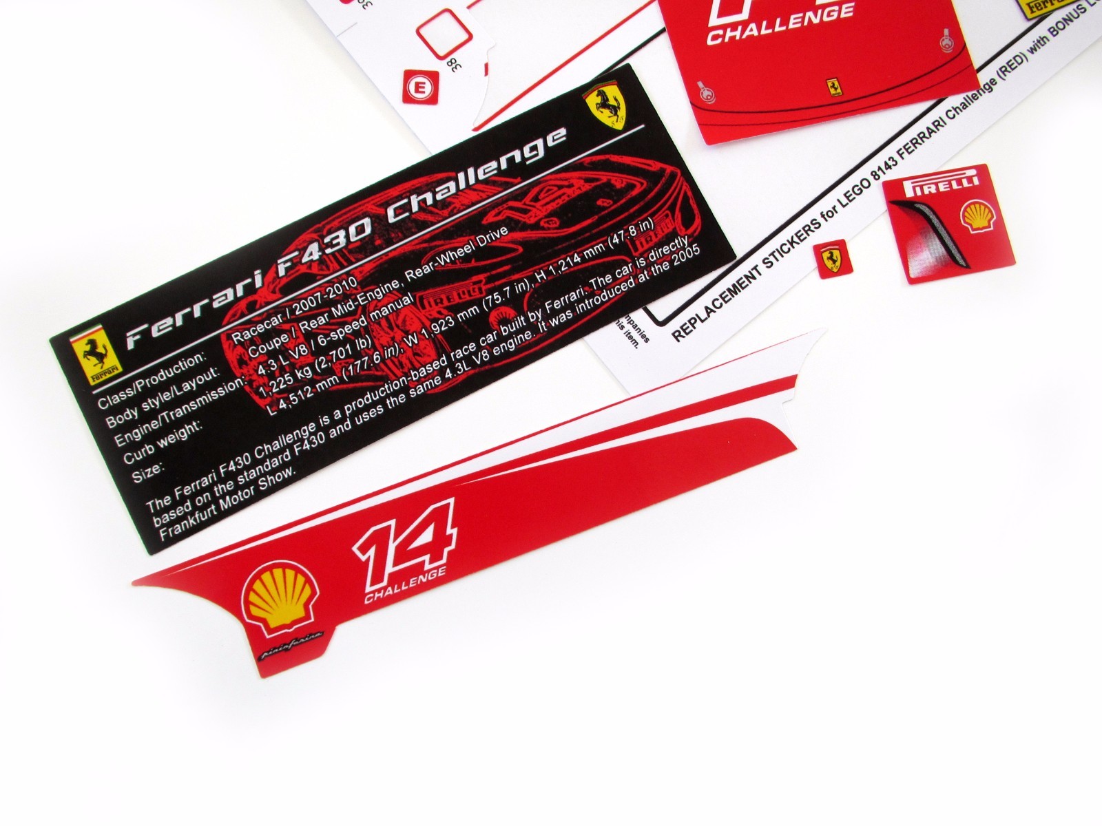 CUSTOM STICKERS for Set 8143 Ferrari F430 Challenge Red version + BONUS ...