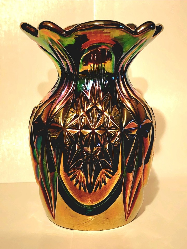 CARNIVAL GLASS RARE SHAPE RIIHIMAKI STARBURST BLUE VASE THIN PINCH NECK ...