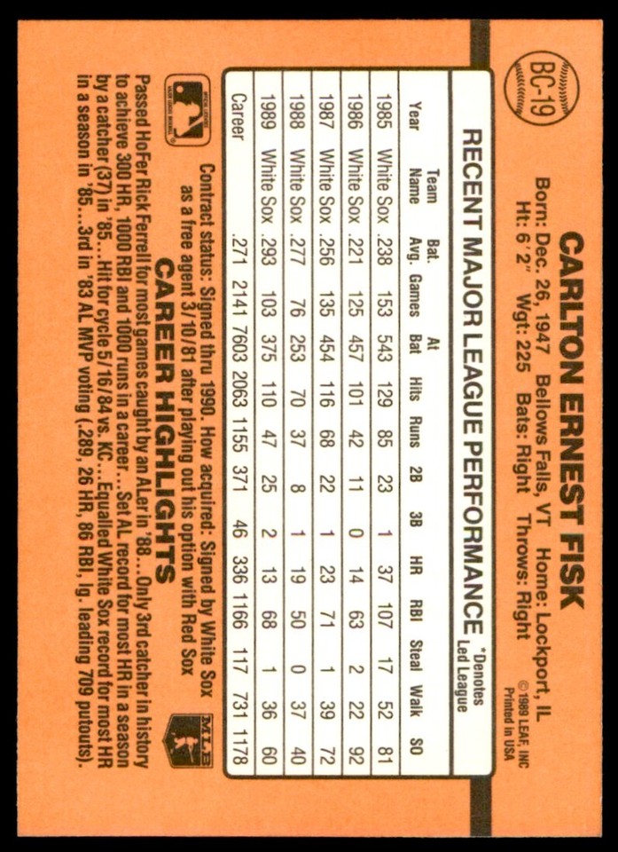 1990 Donruss Error No . Carlton Fisk Chicago White Sox #101 | eBay