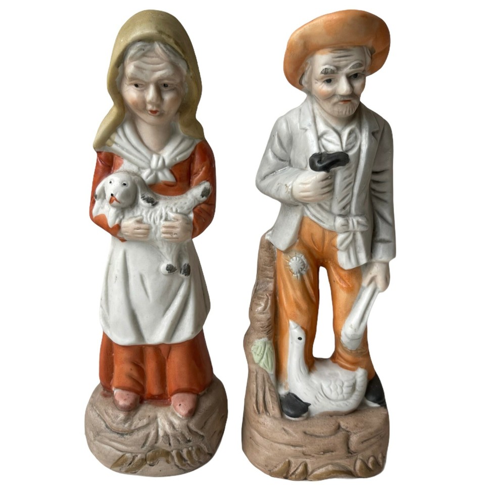 Bisque Old Man and Woman Farmer Figures Porcelain Figurines Couple 8.5 ...