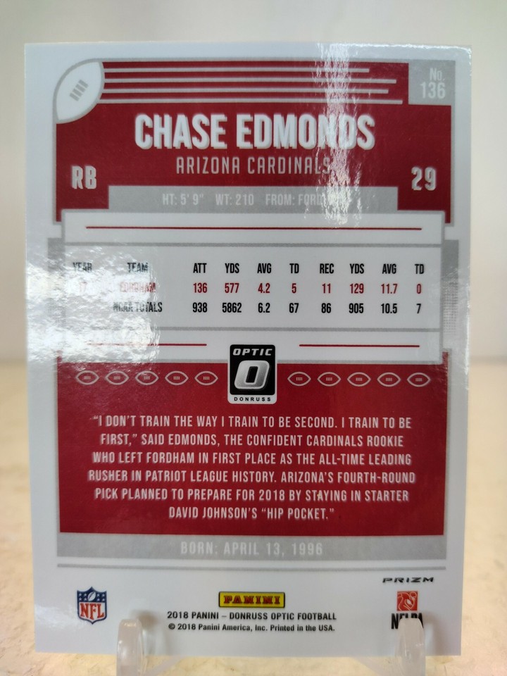 CHASE EDMONDS RATED ROOKIE Red & Yellow PRIZM 2018 Panini Donruss Optic ...