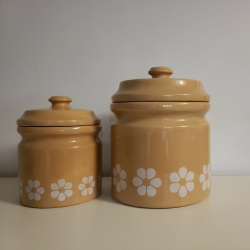 SET 2 Vintage Ceramic Kitchen Canisters Beige Tan Flower Daisy Cottage ...