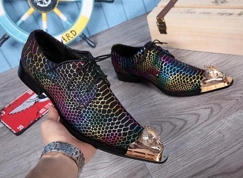 Men's Casual British Pointed Metal Toe Lace Up Glitter Shiny Dress ...
