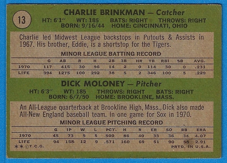 1971 TOPPS WHITE SOX ROOKIE STARS CARD #13 CHARLIE BRINKMAN & DICK ...
