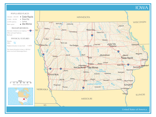 Map State of Iowa United States of America Political Physical Print | eBay