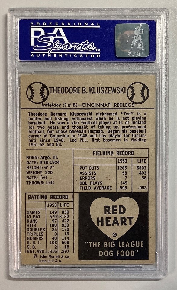 1954 RED HEART BASEBALL CARD TED KLUSZEWSKI, PSA 8 NM-MT (CINCINNATI ...