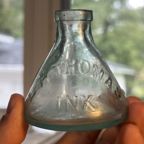 Antique 1880s L.H. Thomas Cone Ink Inkwell Bottle Hand Blown Aqua ...