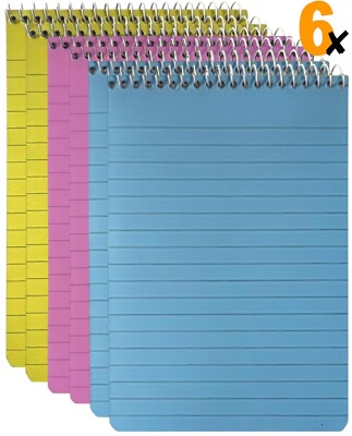 6 Neon NOTE PADS Neon Spiral Bound Ruled Lined 100x150mm Plastic Cover ...