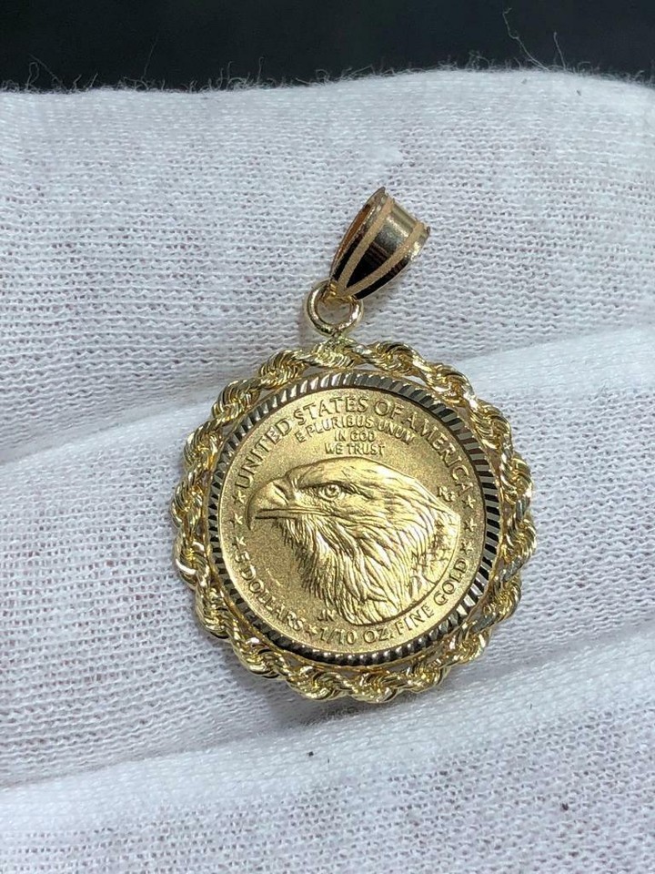 24k Yellow Gold Eagle Standing Liberty 1/10 oz .999 Fine Gold Coin Rope ...