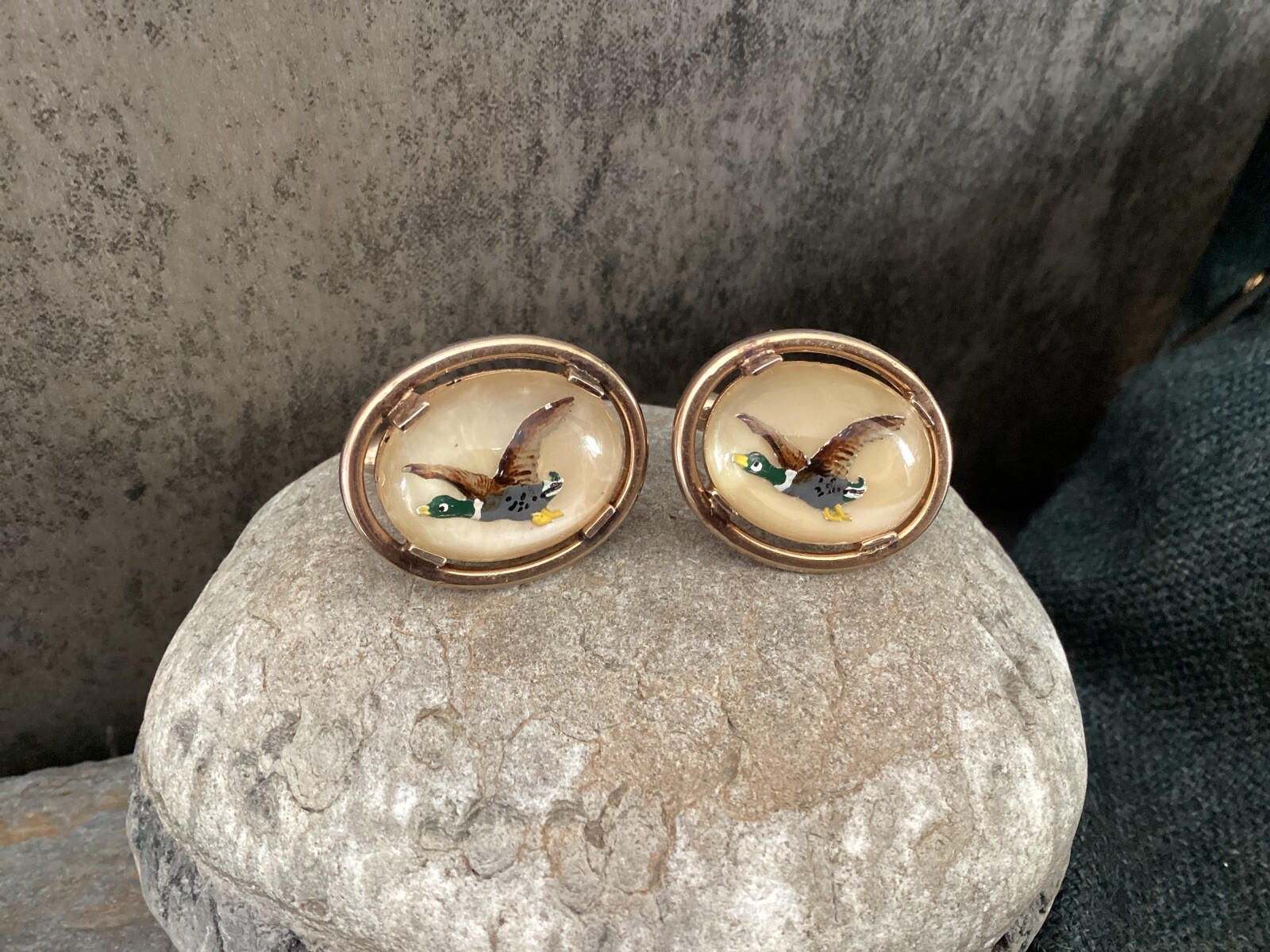 Vintage SWANK Reverse Painted Look Mallard Duck Crystal Dome Cufflinks ...