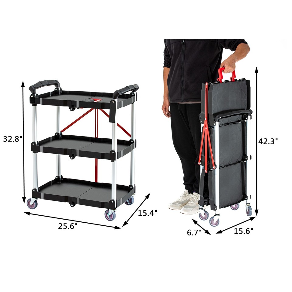 TECSPACE 3-Tier Black Portable Fold Up Rolling Cart for Home ...