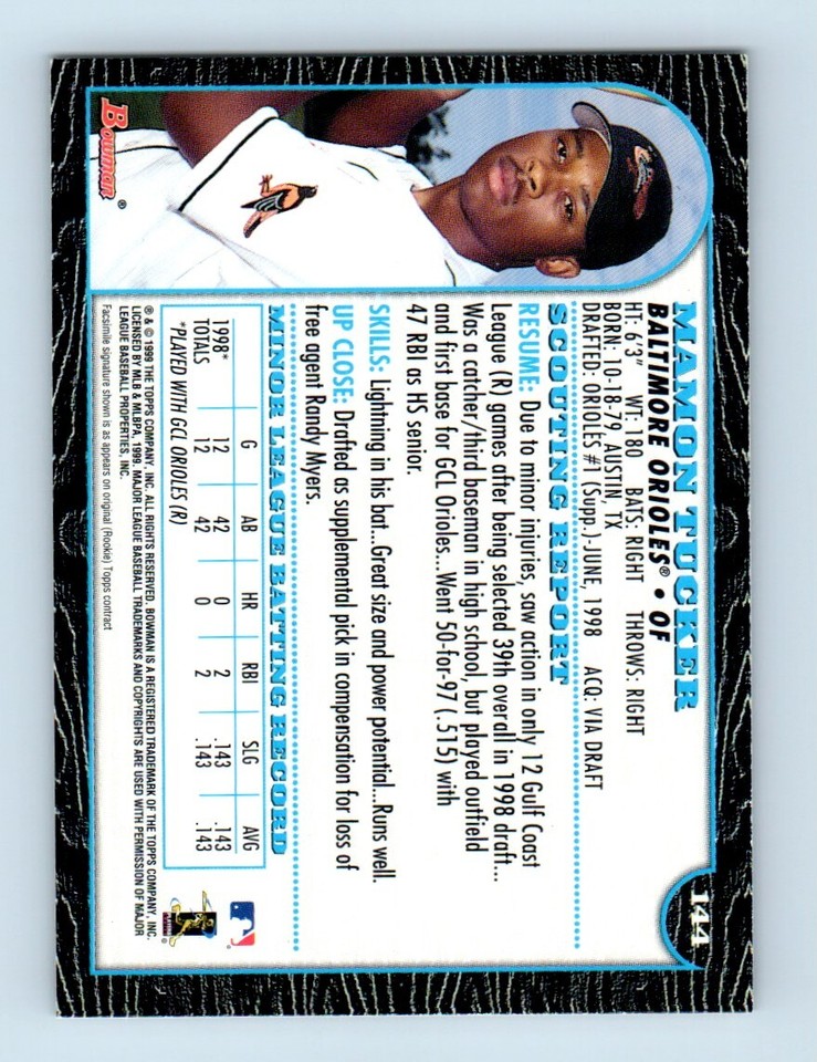 1999 Bowman Mamon Tucker Rookie Baltimore Orioles #144 | eBay