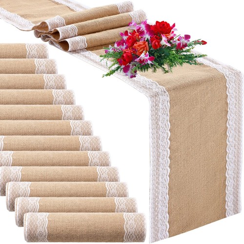 12 Pcs Burlap Table Runners 12 x 108 Inches White Lace Table Runner ...
