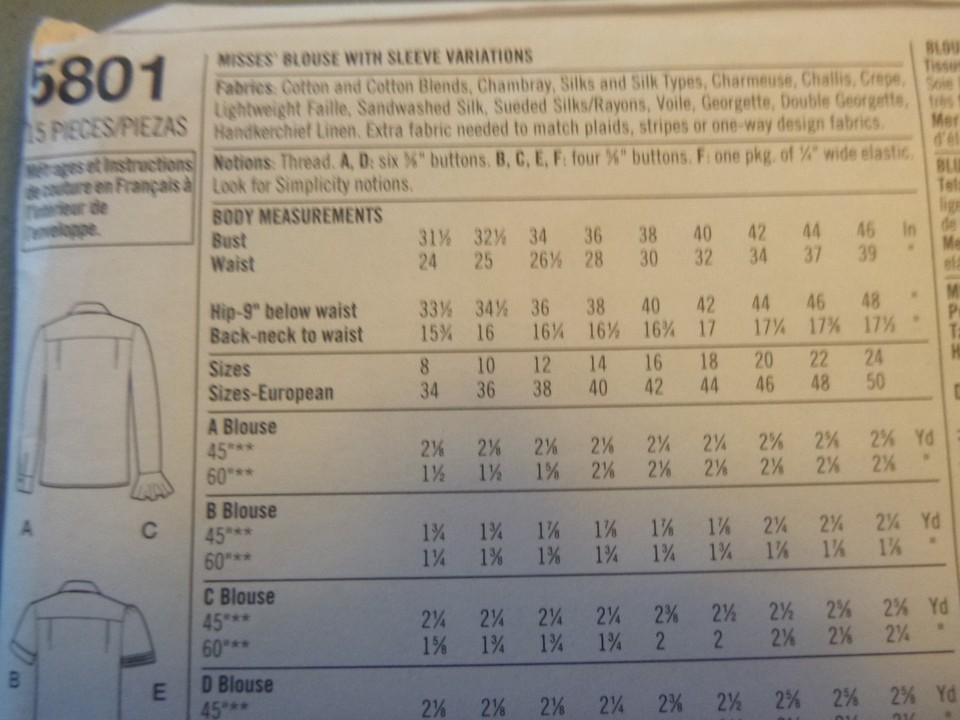 Simplicity - Pattern 5801 - Misses' Blouse w/ Sleeve Variation - Size ...