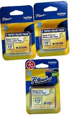 Brother P-touch M-2312Pk + M-231 1/2" Black Print on White Label Tape ...