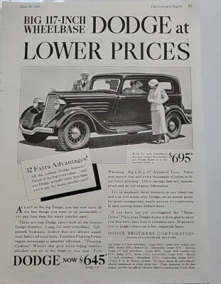 1934 Dodge Brothers Sedan Cars 117 Inch Wheelbase Vintage Original Ad ...