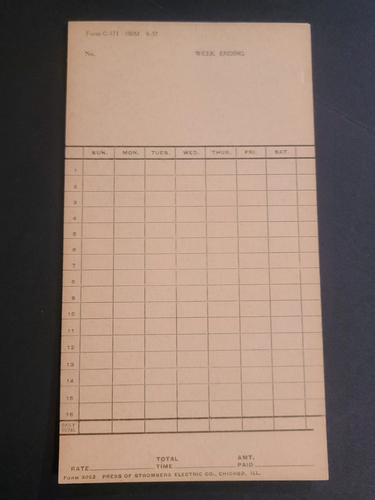 GENUINE ORIGINAL Stromberg Electric Company Time Clock Punch Card | eBay