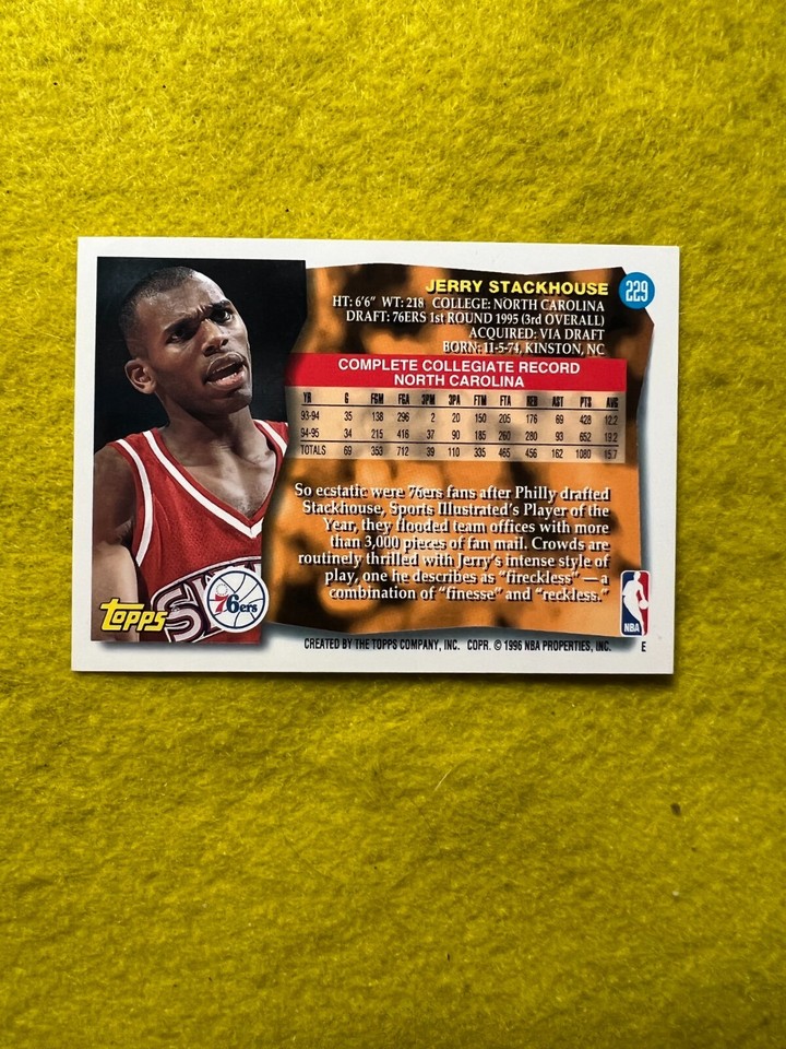 JERRY STACKHOUSE ROOKIE SIXERS 1995 TOPPS NBA BASKETBALL ROOKIE CARD ...