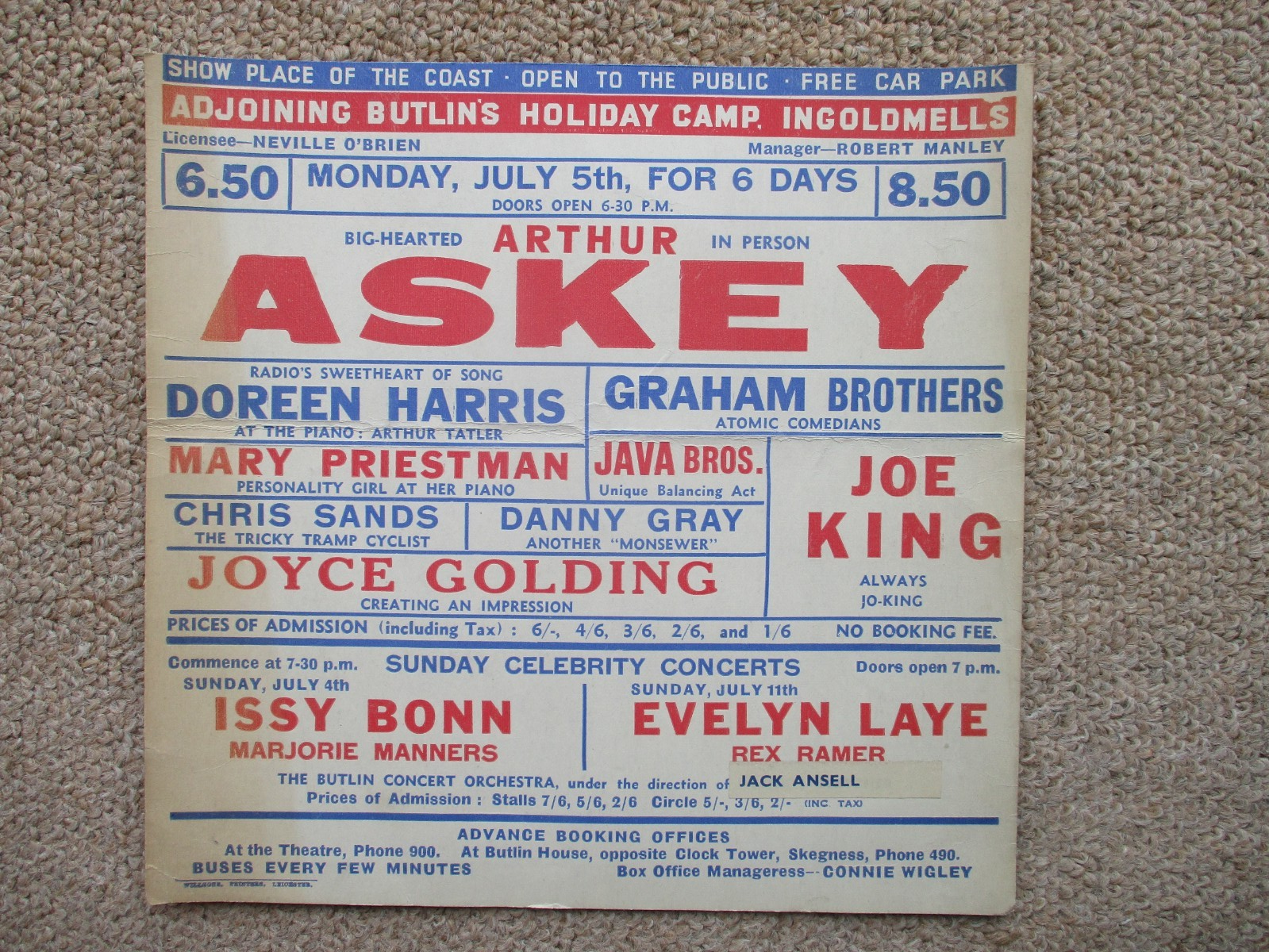 Butlins, Ingoldmells, nr Skegness - 1954 Poster - Arthur Askey (Evelyn ...
