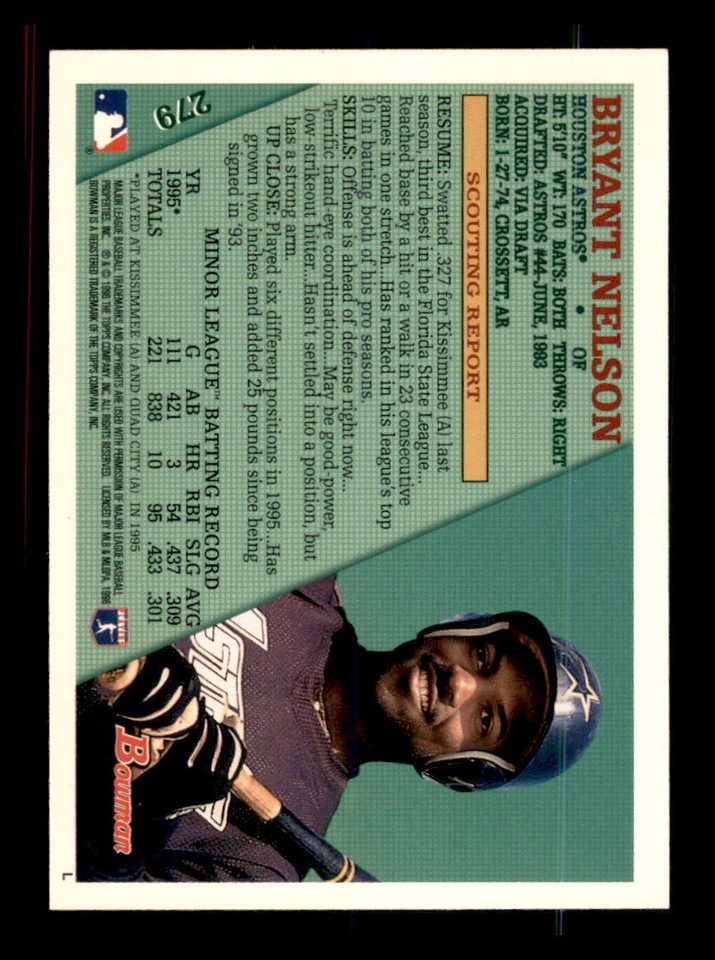 1996 Baseball Bowman Bryant Nelson Houston Astros #279 RC3 | eBay