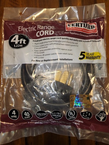 Certified Appliance Accessories 4 Prong Wire 40-Amp Range Cord 4ft Fast ...