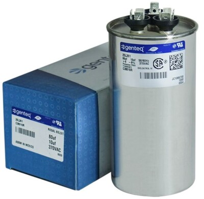 80+10 uF 370 VAC Genteq GE Capacitor 80/10 Dual MFD Run Round C38010R ...