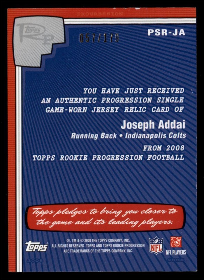 2008 Topps Rookie Progression Game Worn Jerseys Silver Joseph Addai 057 ...