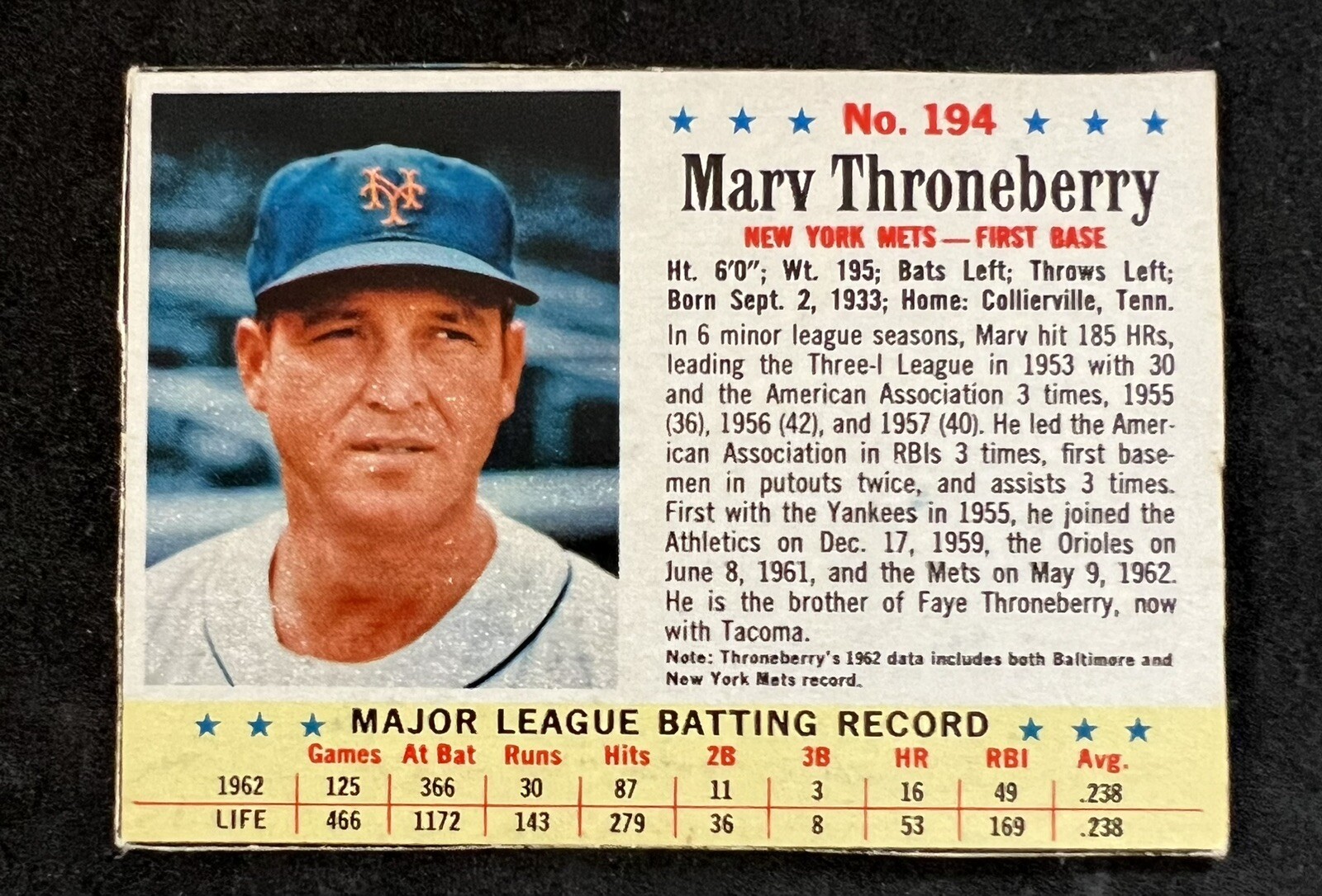 1963 Post #194 Marv Throneberry New York Mets Post Cereal Hand Cut ...