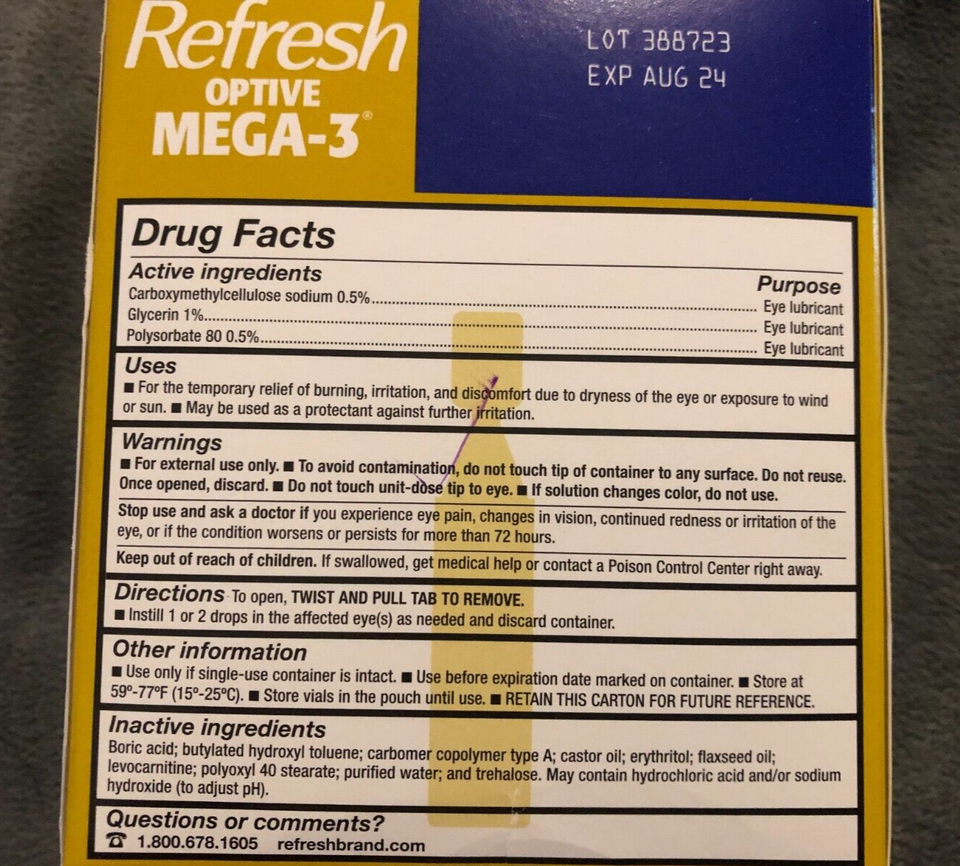 New Refresh Optive Mega 3 Lubricant Dry Eye Drops 60 Vials Preservative ...