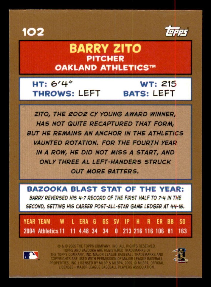 2005 Bazooka Gold Chunks #102 Barry Zito Oakland Athletics | eBay