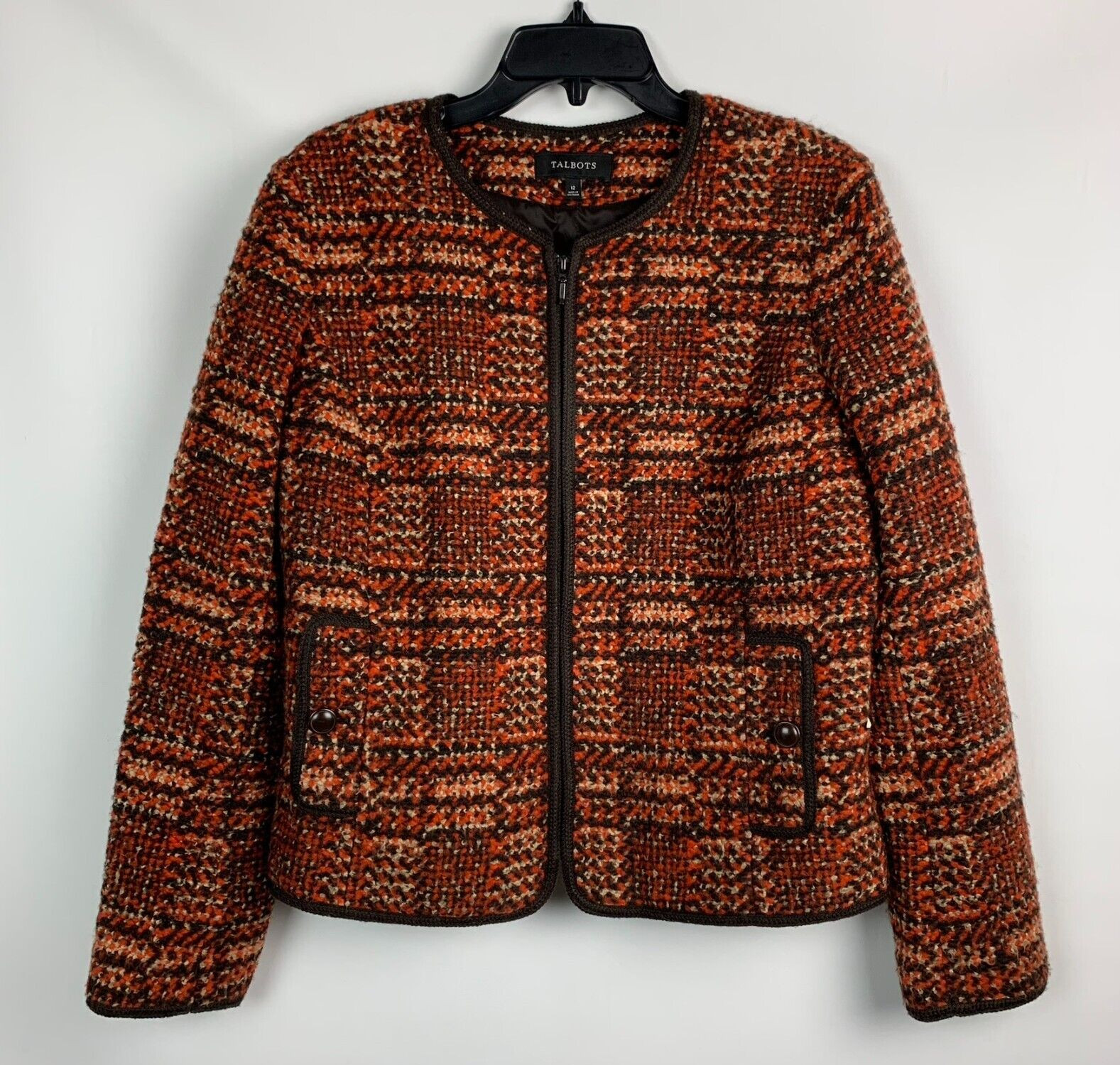 Talbots Jacket Tweed Orange Brown Print Trim Long Sle… - Gem