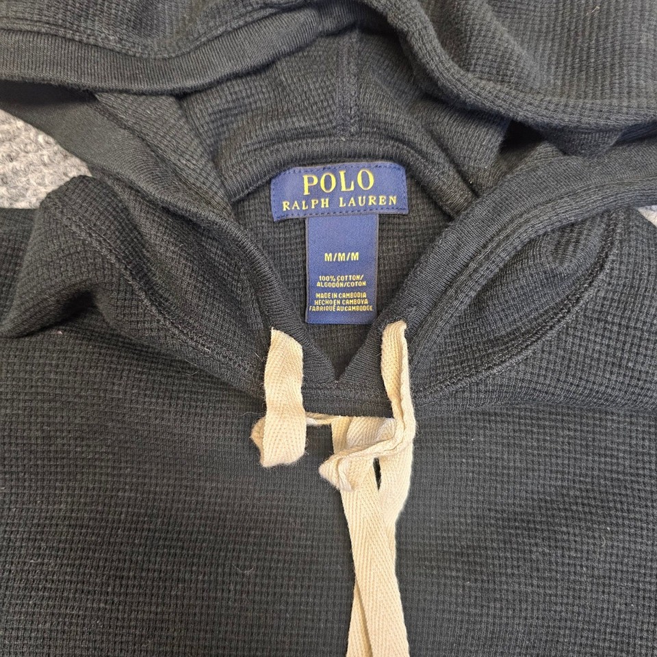 Polo Ralph Lauren Men's Black Waffle Knit Hoodie Long Sleeve Pony Logo ...