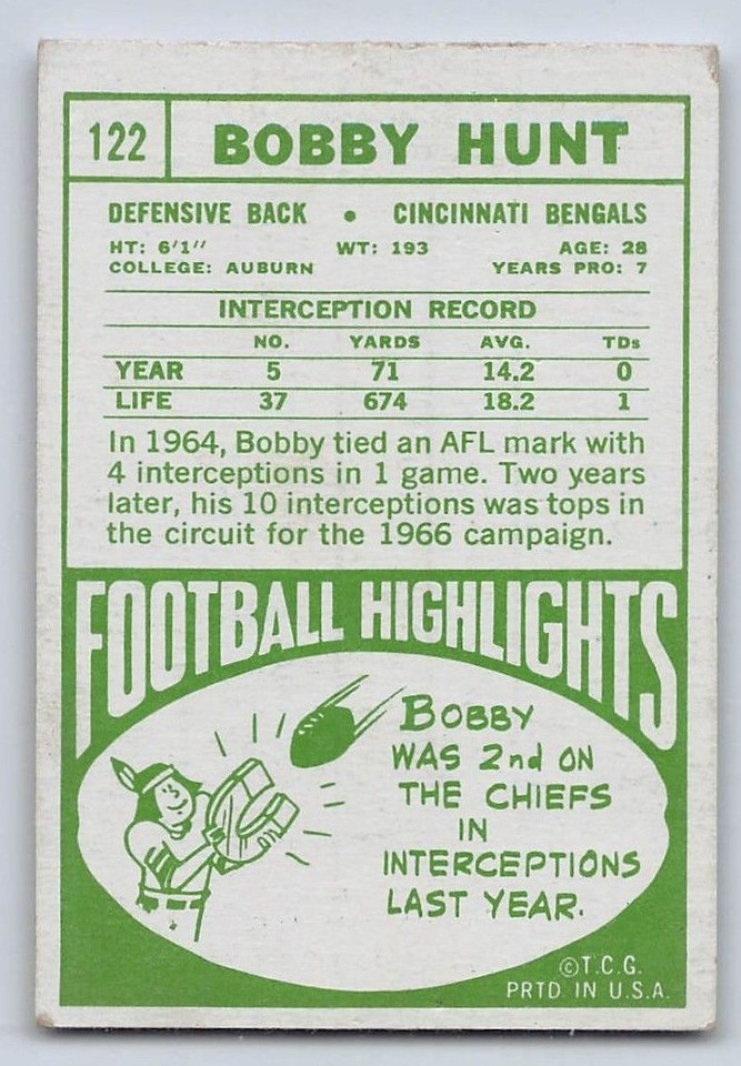 BOBBY HUNT 1968 Topps Football Card # 122 - CINCINNATI BENGALS | eBay